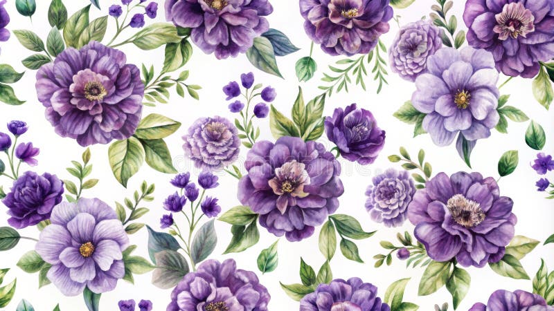 Watercolor Purple Floral Seamless Pattern Botanical Illustration Stock ...
