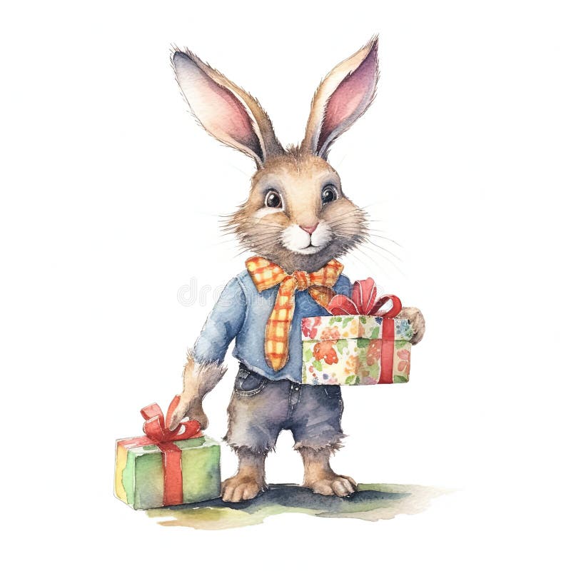 Watercolor Rabbit with Gift Box. Illustration AI Generative Stock ...