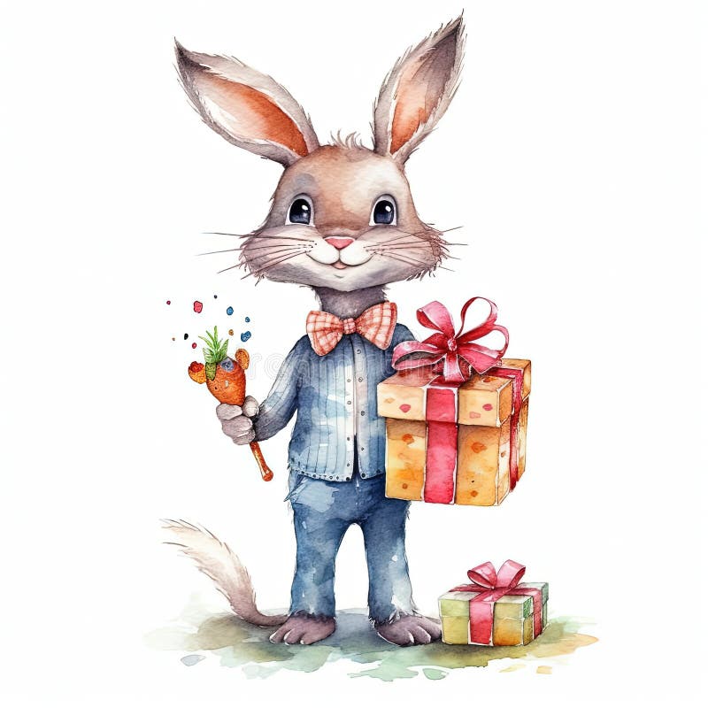 Watercolor Rabbit with Gift Box. Illustration AI Generative Stock ...