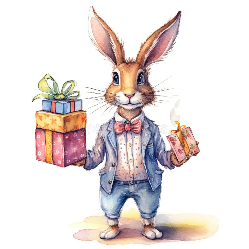Watercolor Rabbit with Gift Box. Illustration AI Generative Stock ...