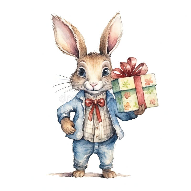Watercolor Rabbit with Gift Box. Illustration AI Generative Stock ...