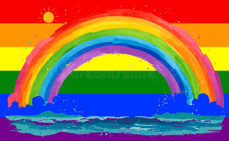 Watercolor Rainbow Over a Pride Flag and Sea Stock Illustration ...