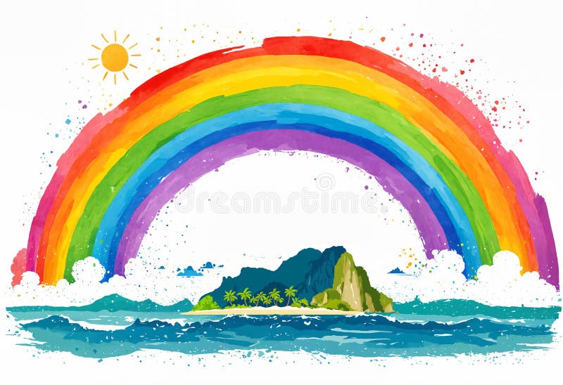Watercolor Rainbow Over a Tropical Island Stock Illustration ...