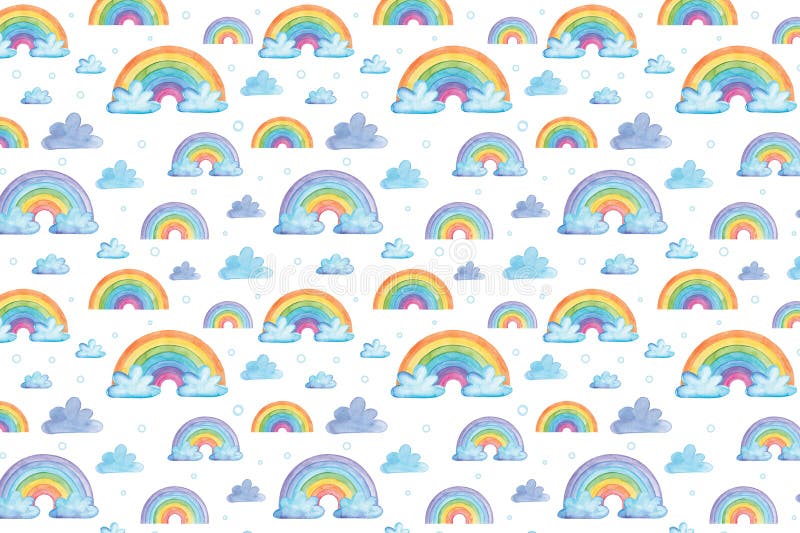 Watercolor Rainbows and Clouds Background. Isolated on White Watercolor ...