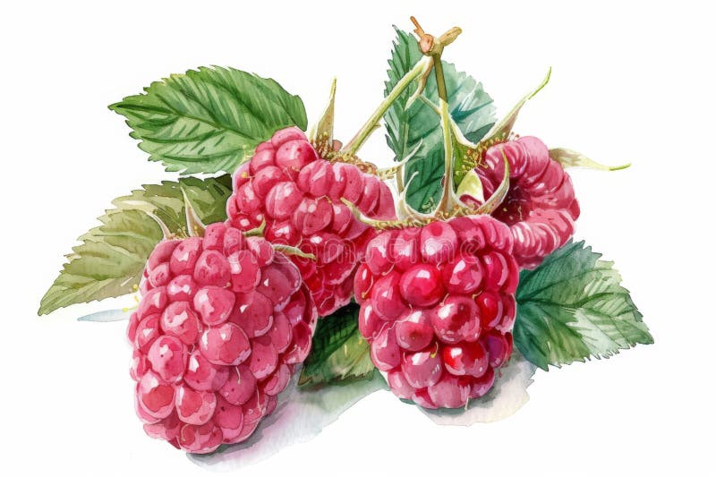 Watercolor Raspberry Beautiful Fruit with Leaves,white Background Stock ...