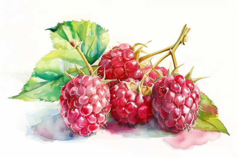 Watercolor Raspberry Beautiful Fruit with Leaves,white Background Stock ...