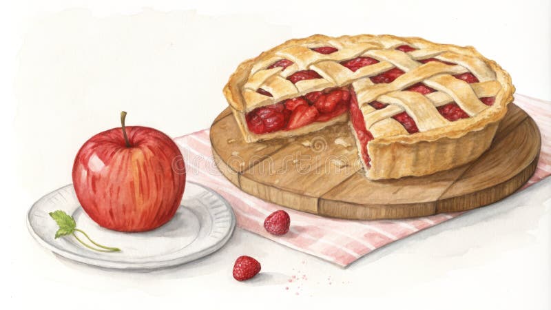 Watercolor Raspberry Pie and Apple Stock Illustration - Illustration of ...