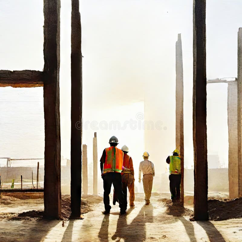 Watercolor of Rearview of Construction Workers Working on Construction ...