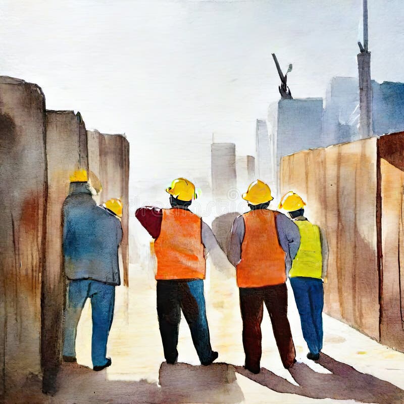 Watercolor of Rearview of Construction Workers Working on Construction ...