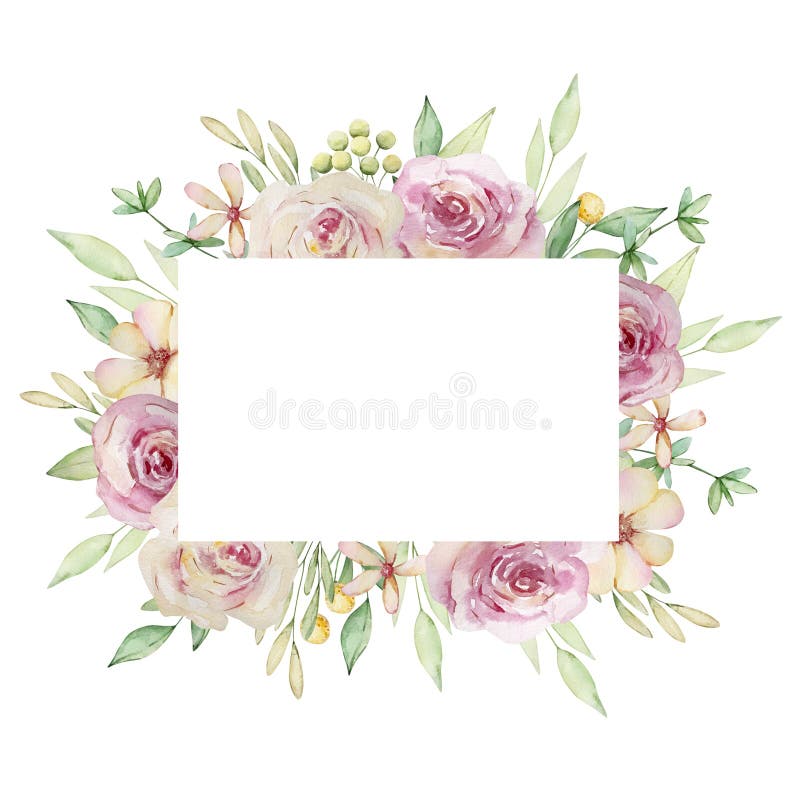 Watercolor Rectangular Floral Frame of Pink Roses Stock Illustration ...