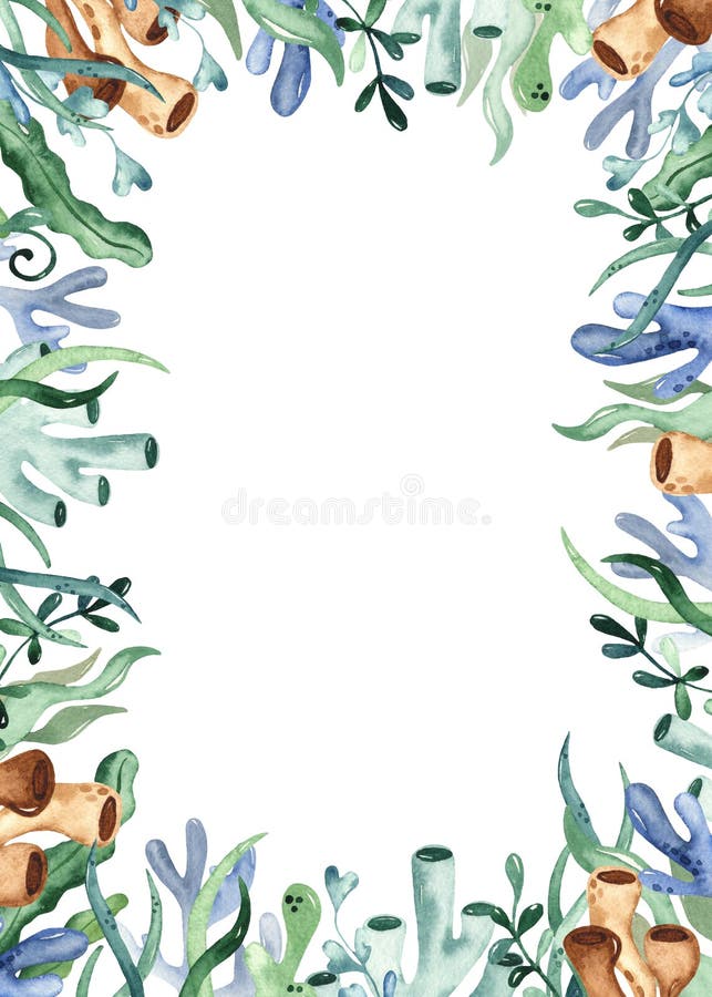 Watercolor Rectangular Frame with Algae and Coral Reefs Stock ...