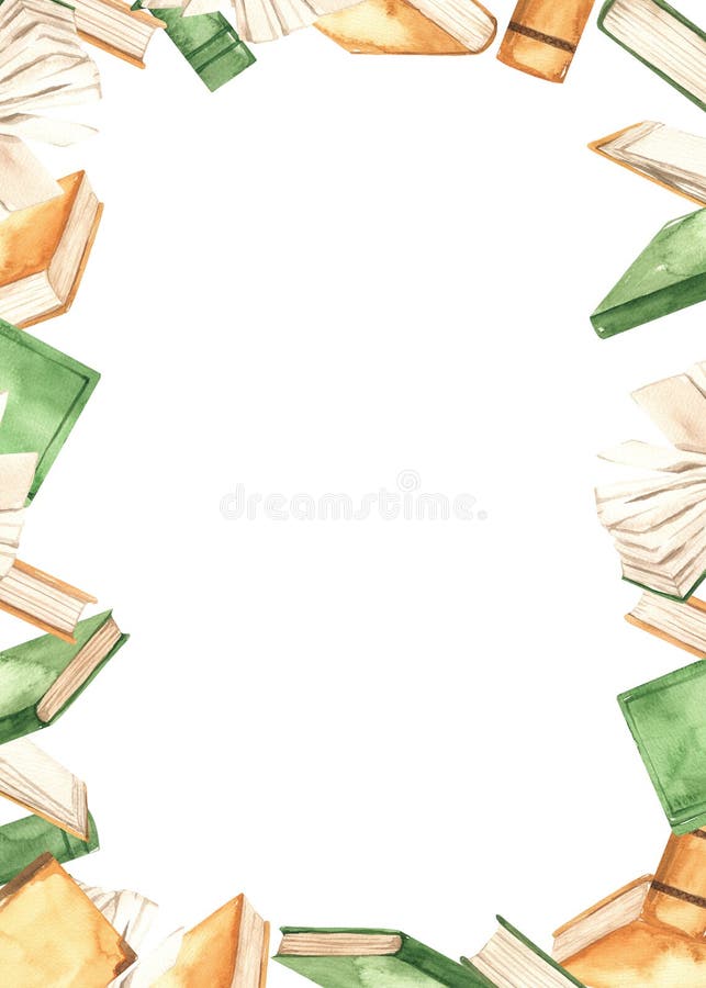 Watercolor Rectangular Frame with Books Green and Yellow, Open and ...