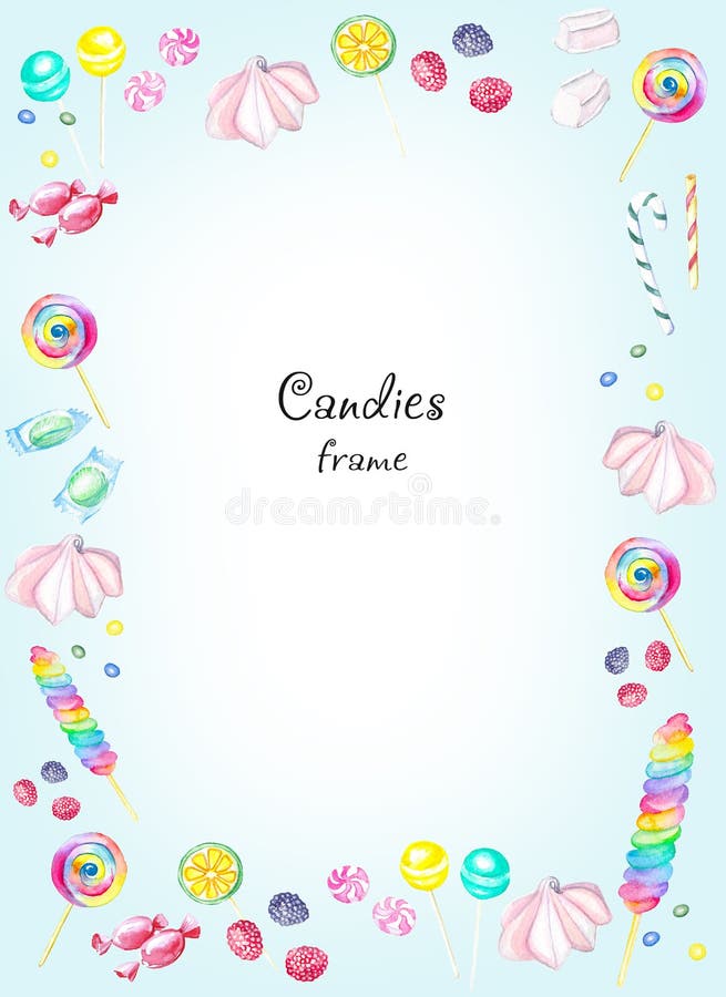 Watercolor Frame of Candies Stock Illustration - Illustration of cookie ...