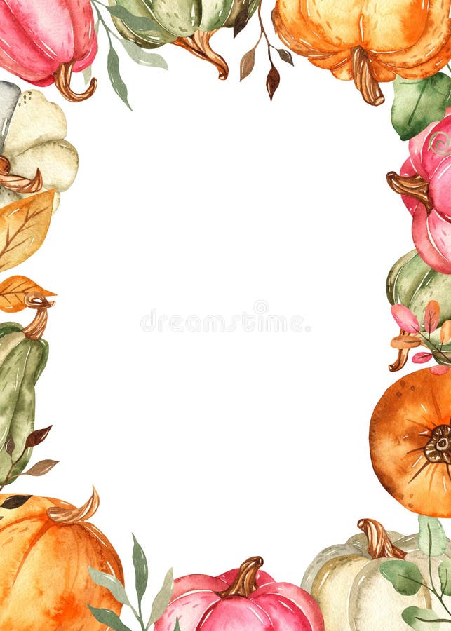 Watercolor Rectangular Frame with Colored Pumpkins, Autumn Leaves Stock ...