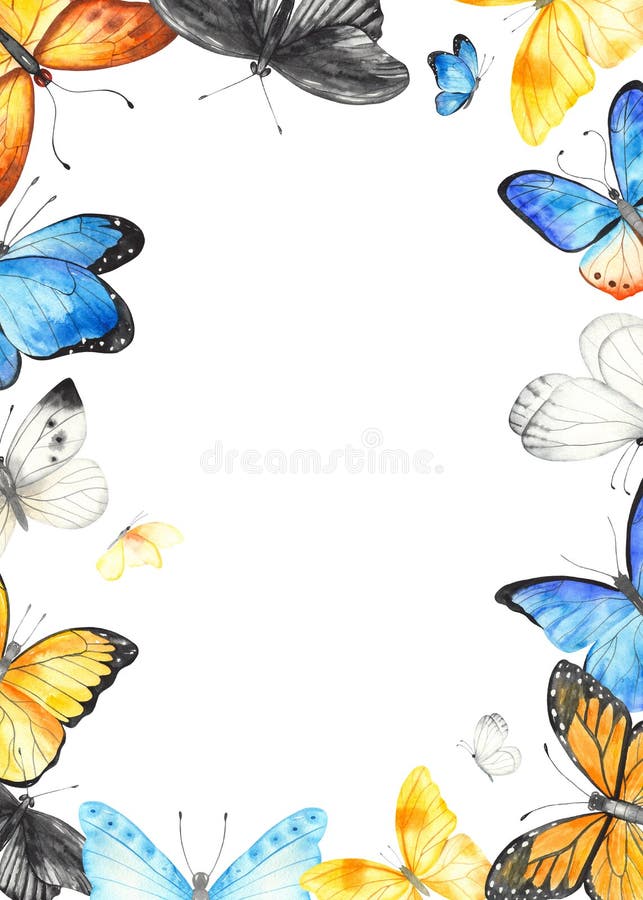 Watercolor Rectangular Frame with Colorful Butterflies Stock ...