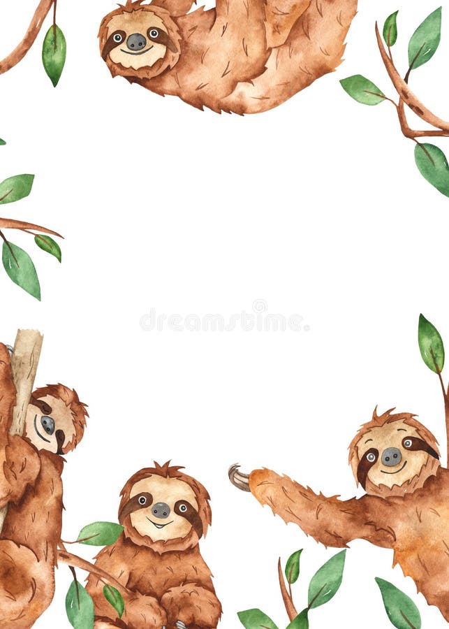 Watercolor Rectangular Frame with Cute Animal Sloths Stock Illustration ...
