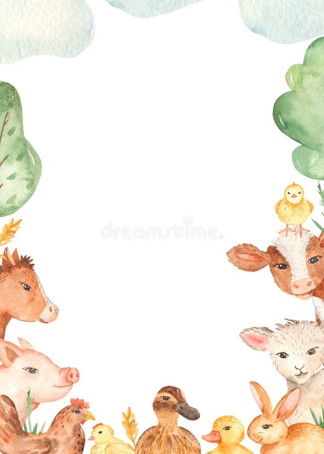 Watercolor Rectangular Frame with Cute Cartoon Farm Animals Stock ...