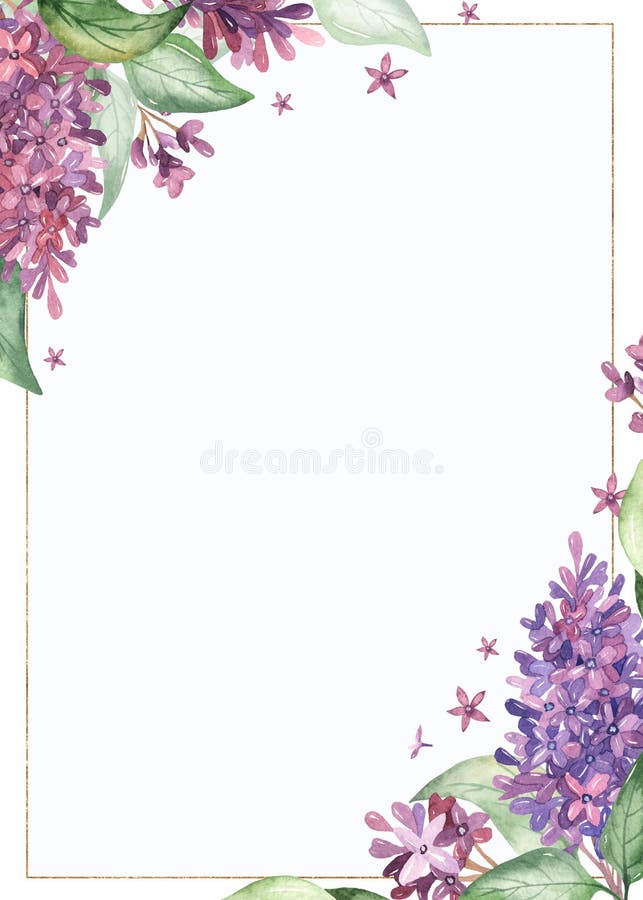 Watercolor Rectangular Frame with Flowers and Leaves of Lilac Stock ...