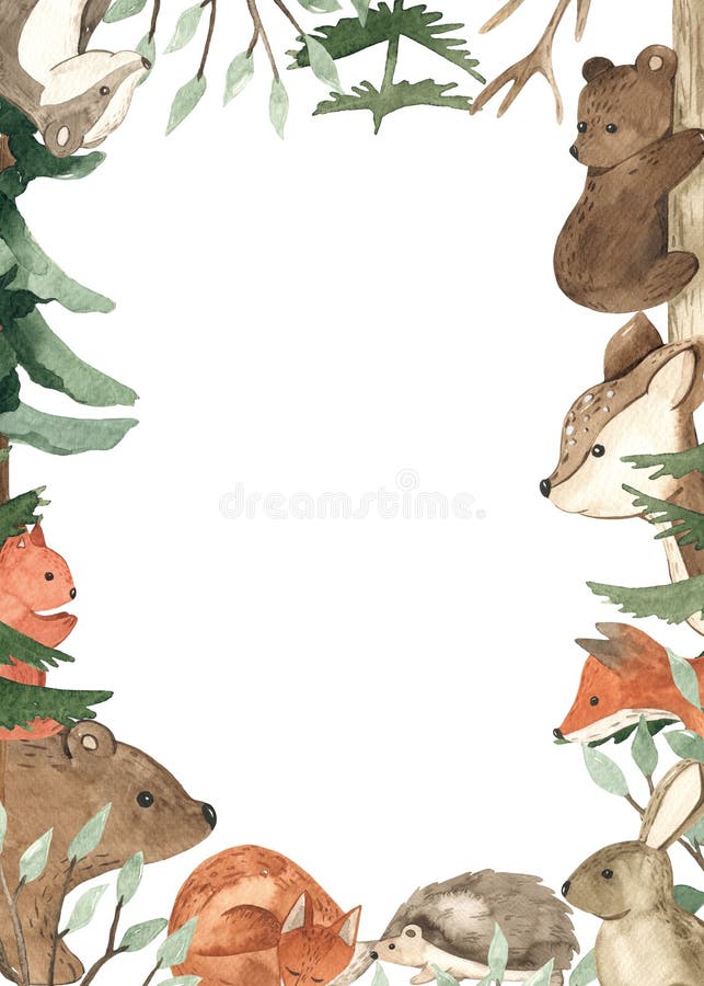 Watercolor Rectangular Frame with Forest Animals, Bear, Deer, Fox for ...