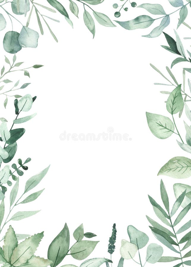 Watercolor Rectangular Frame with Greenery, Green Leaves, Branches ...