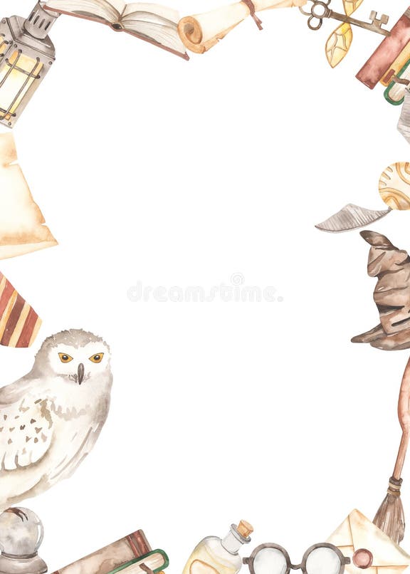 Watercolor Rectangular Frame with Magic Items, Potion, Magic Books ...