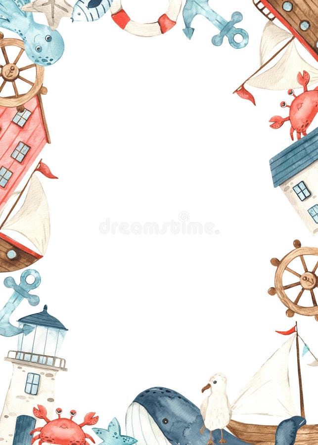 Watercolor Rectangular Nautical Frame with Ship, Anchor for Children ...