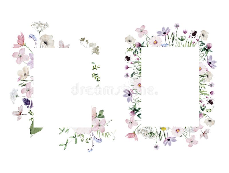 Watercolor Rectangular Shaped Frames with Wildflowers and Leaves Stock ...