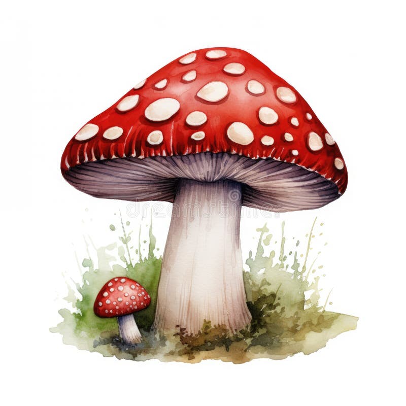 Watercolor Of Red Fly Agaric In The Grass Stock Illustration