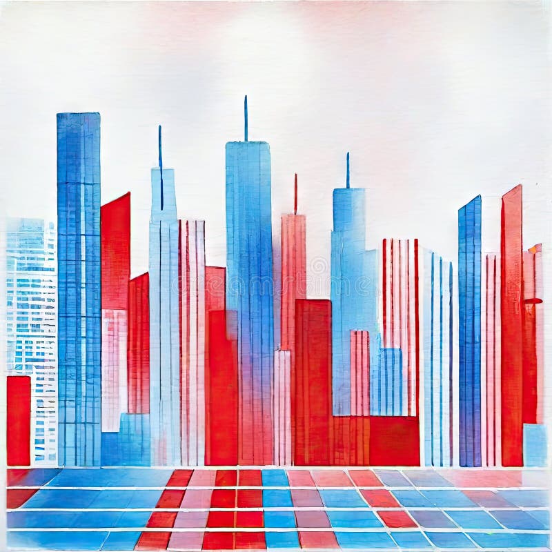 Watercolor of a Red Bar Chart with a Blue Background Stock Illustration ...