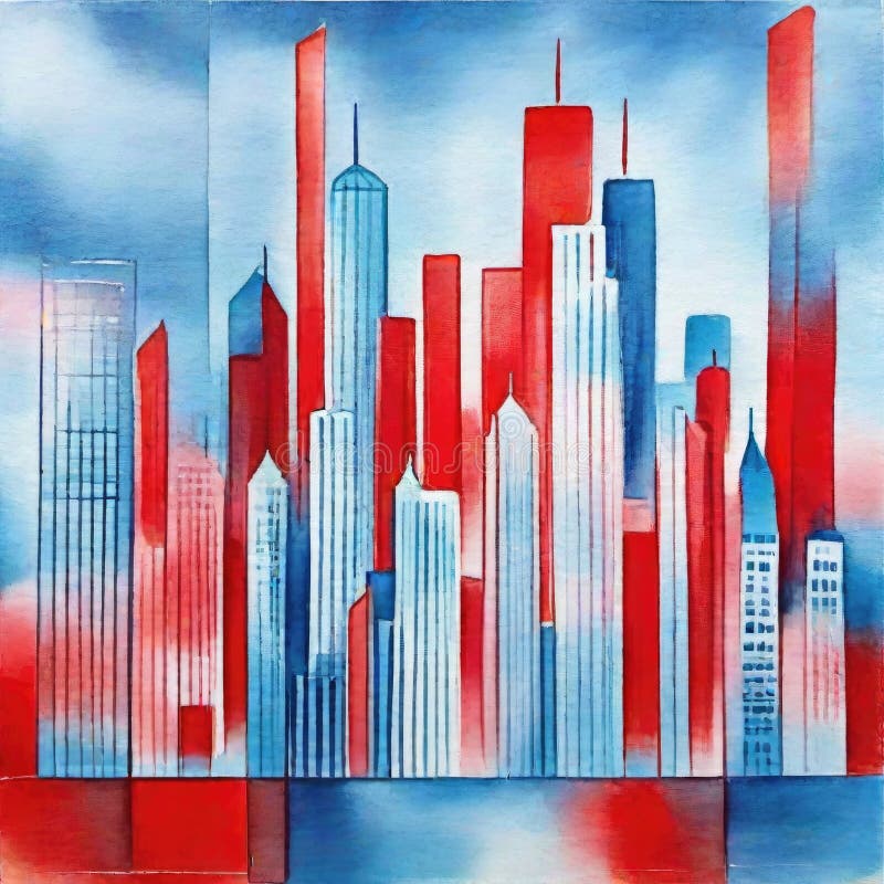 Watercolor of a Red Bar Chart with a Blue Background Stock Illustration ...