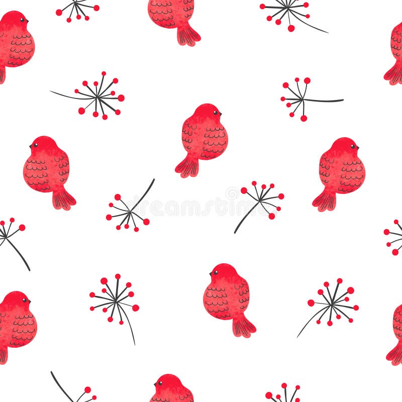 Watercolor Red Birds Seamless Pattern. Stock Vector - Illustration of ...