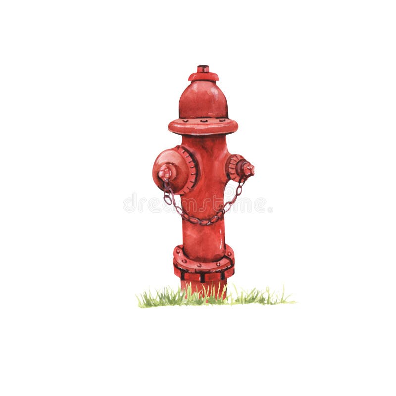 Watercolor Red Fire Hydrant on a Green Grass Patch Stock Image ...