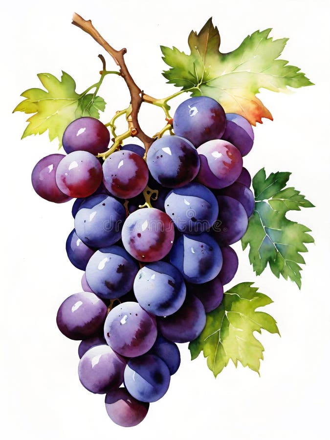 Watercolor Red Grapes and Leaves Stock Illustration - Illustration of ...