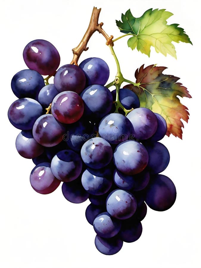 Watercolor Red Grapes and Leaves Stock Illustration - Illustration of ...
