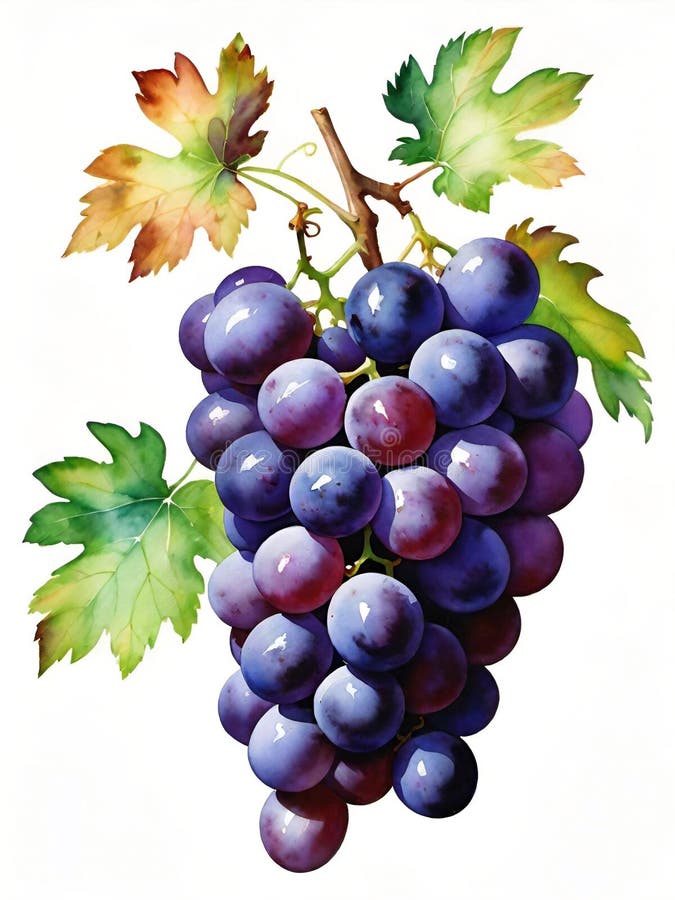 Watercolor Red Grapes and Leaves Stock Illustration - Illustration of ...