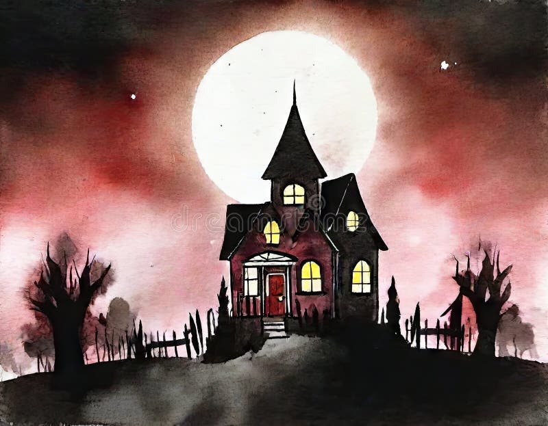 Watercolor of Red Haunted House Stock Illustration - Illustration of ...