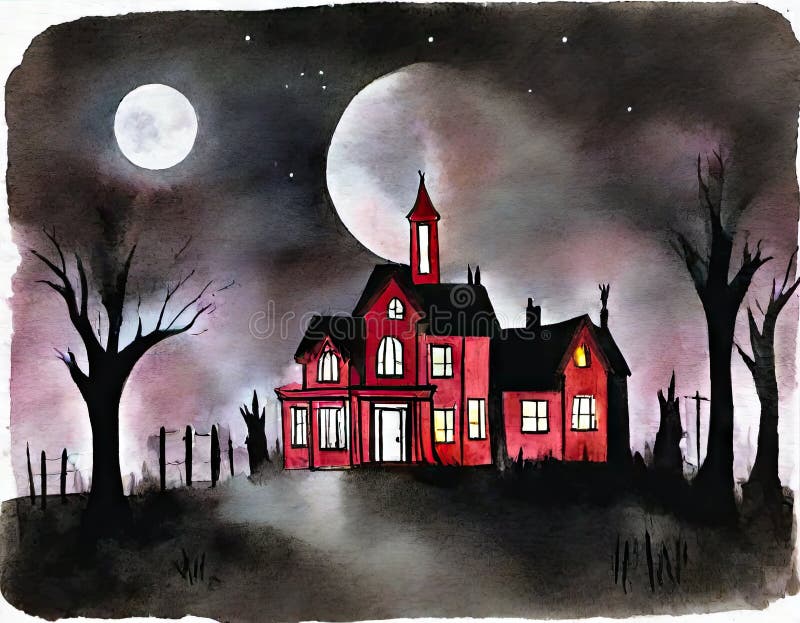 Watercolor of Red Haunted House Stock Illustration - Illustration of ...