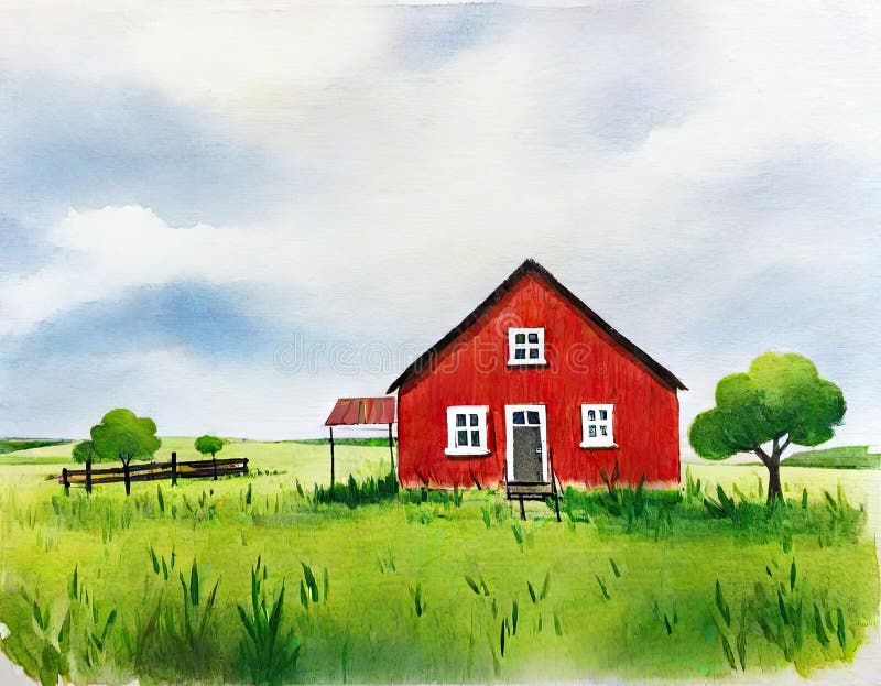 Watercolor of a Red House in the Stock Illustration - Illustration of ...