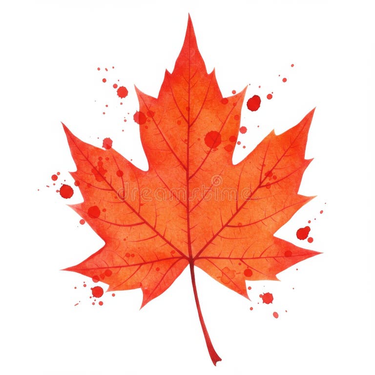 Watercolor Red Maple Leaf with Paint Splatter Stock Illustration ...