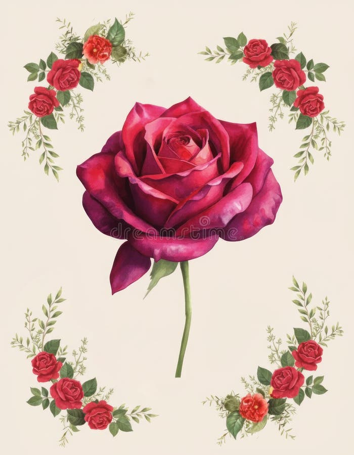 Watercolor Red Rose on a Stem with Decorative Flower Border Stock ...