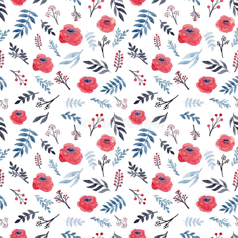 Watercolor Red Roses and Blue Leaves Repeat Pattern Stock Illustration ...