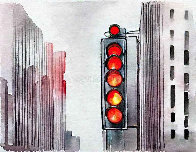 Watercolor of Red Stop Light Hanging Under Stock Illustration ...