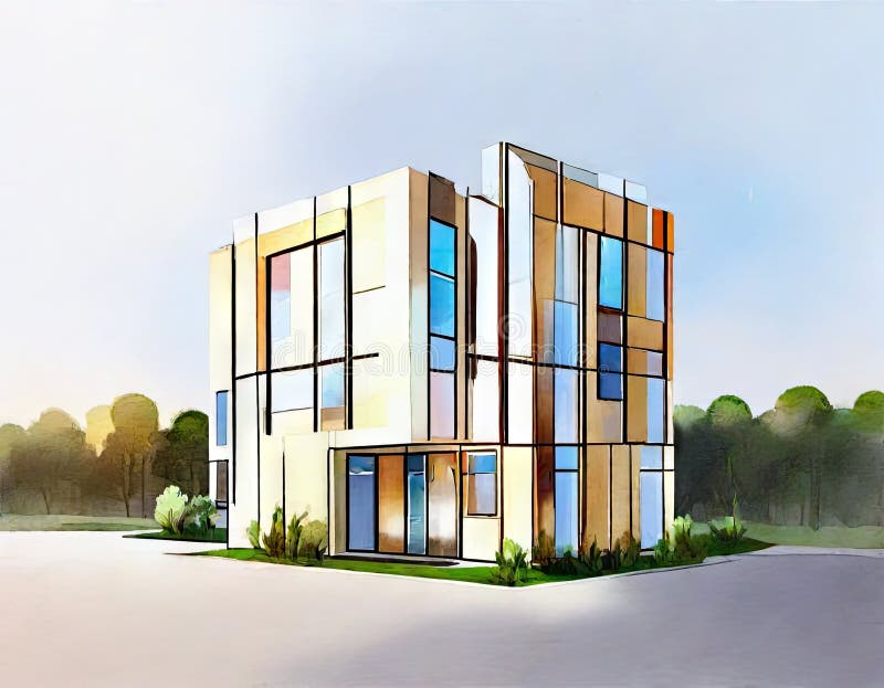 Watercolor of Render of a Modern Building Stock Illustration ...