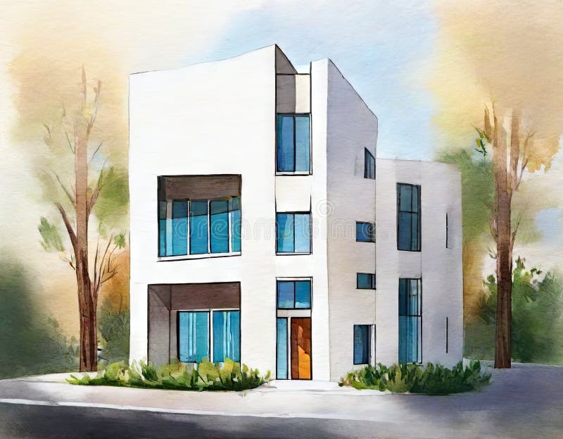 Watercolor of Render of a Modern Building Stock Illustration ...