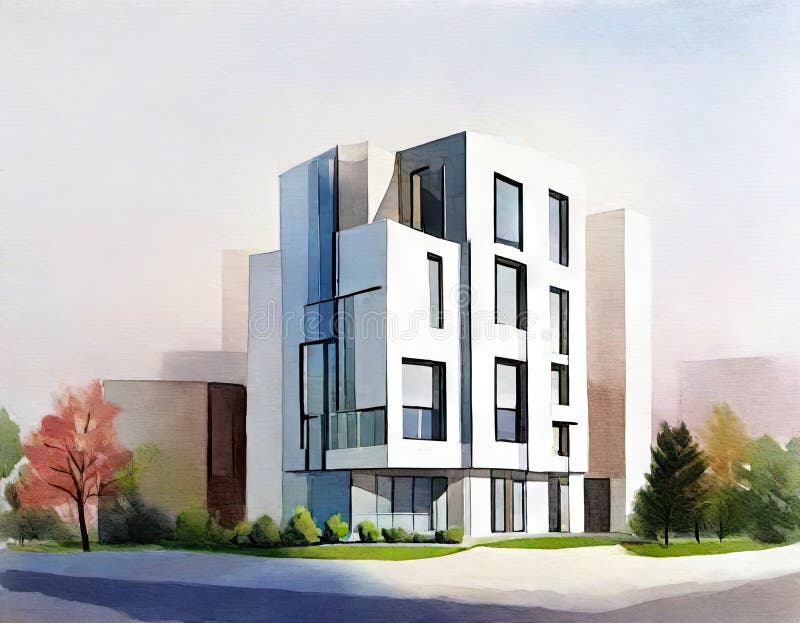Watercolor of Render of a Modern Building Stock Illustration ...