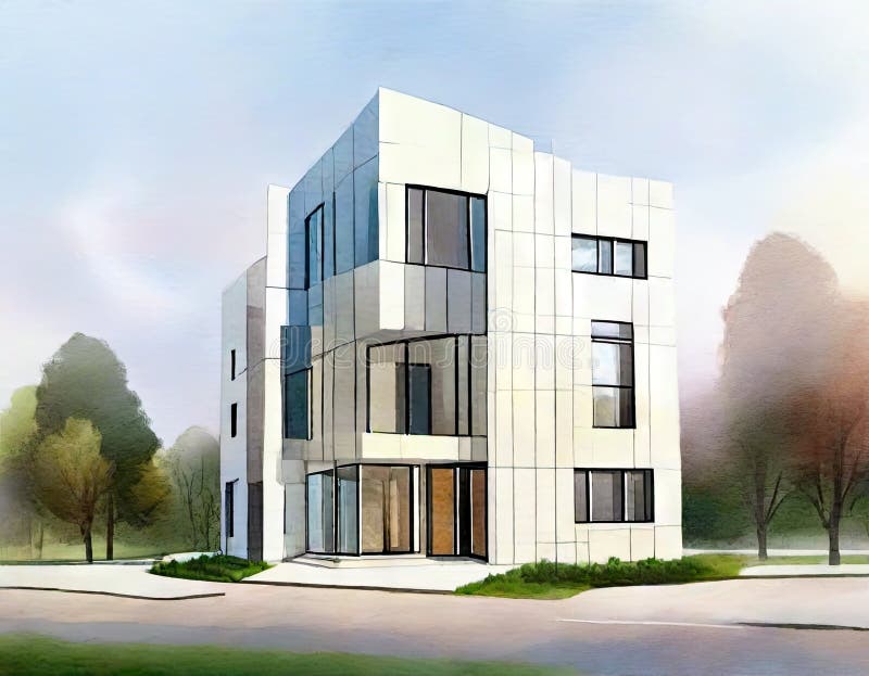 Watercolor of Render of a Modern Building Stock Illustration ...
