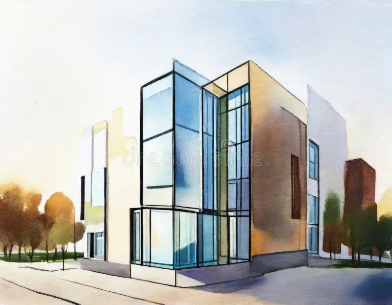 Watercolor of Render of a Modern Building Stock Illustration ...