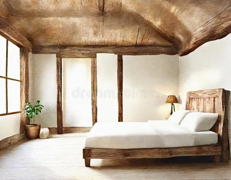 Watercolor of Render of Rustic Bedroom with Framed Stock Illustration ...