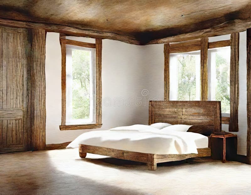 Watercolor of Render of Rustic Bedroom with Framed Stock Illustration ...