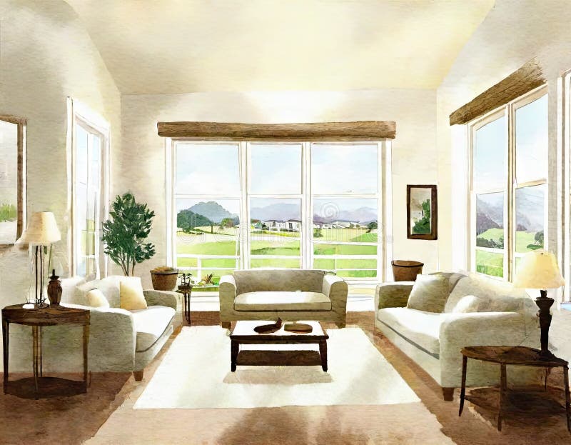 Watercolor of Rendered Living Room with a Home Stock Illustration ...
